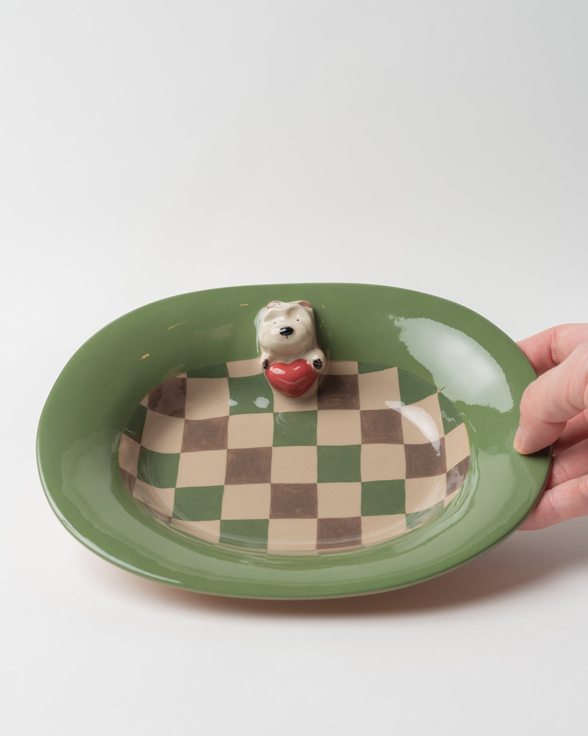 Green Grid Dog Figurine Oval Plate – Bun and Pillow